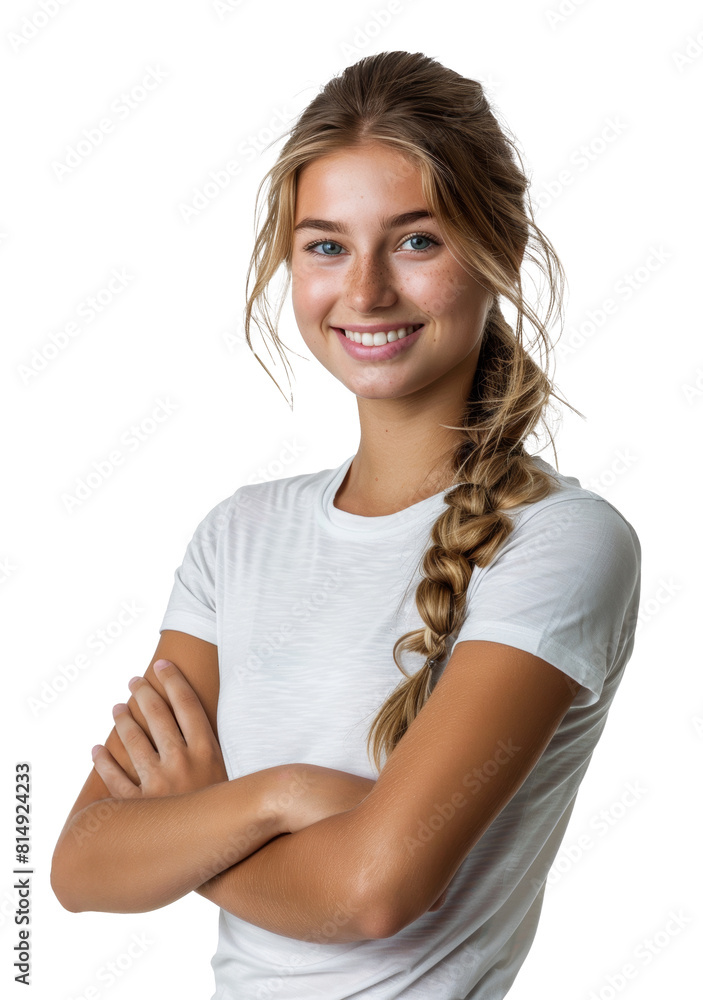 Happy blonde girl smiling with crossed arms isolated on transparent ...