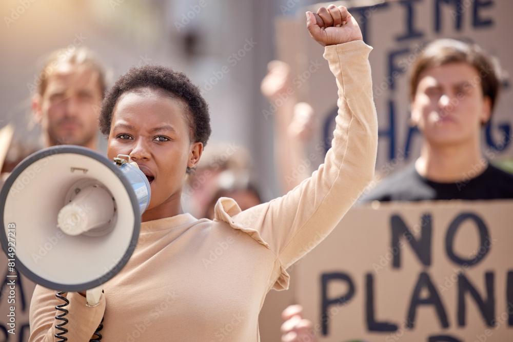 Woman, portrait and protest megaphone with climate change group ...