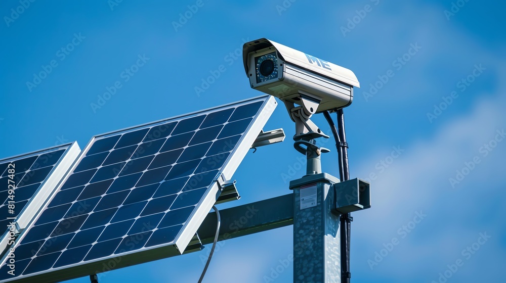 Compact solar panel with attached CCTV camera, clear sky, close detail ...
