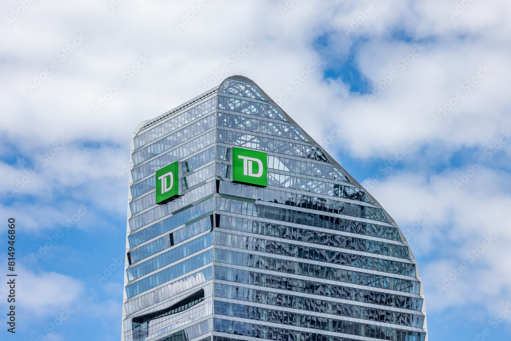 Toronto, Canada, May 10, 2024; The green TD sign at the glass atrium of ...