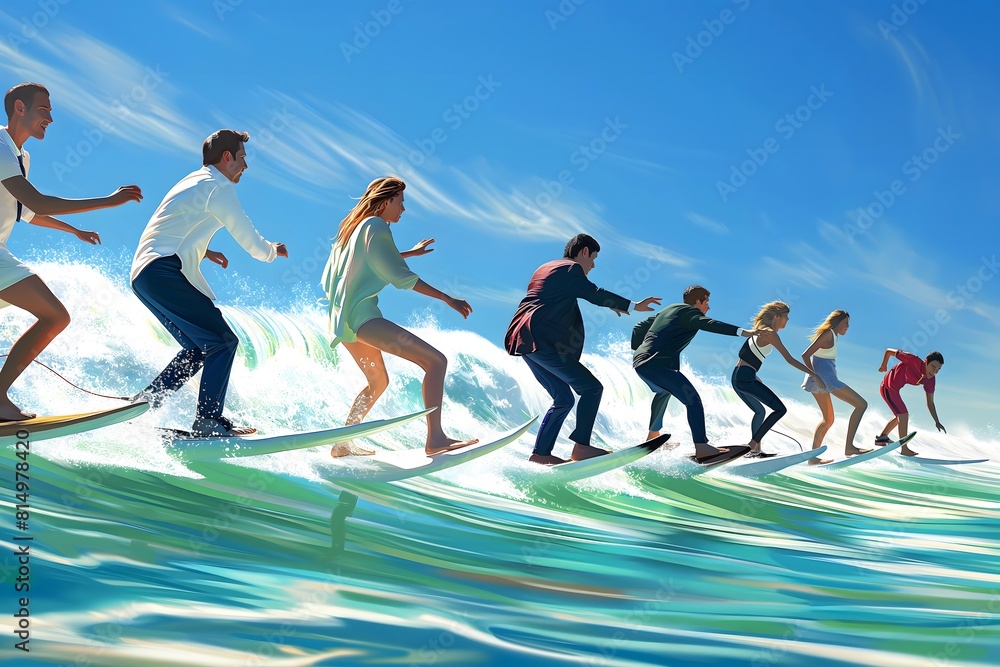 Ilustración de Stock people surfing one longboard surfboard. The people ...