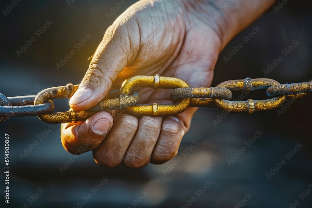 Single golden link on a chain with a hand holding the chain ...