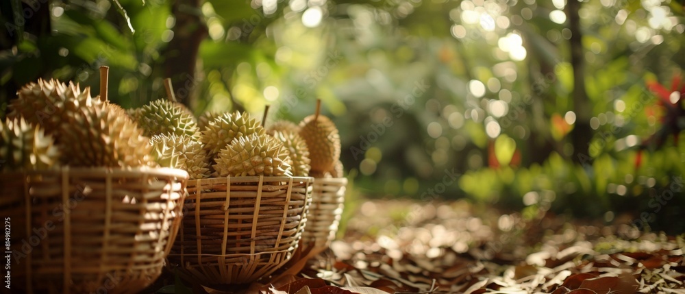 Bamboo baskets laden with durian fruits, ready for harvest, placed ...
