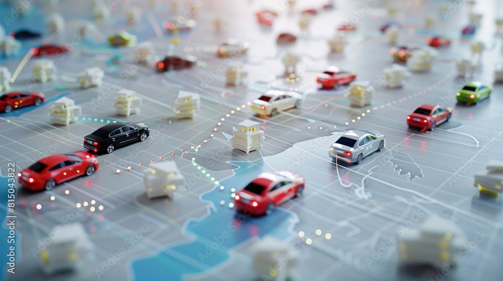 Toy cars are placed on a detailed map of a city, representing a ...