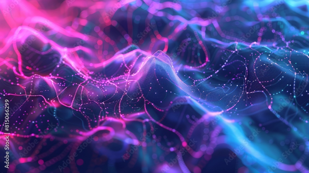 Neural patterns network artificial intelligence on neon glow light background. Neural interface ...