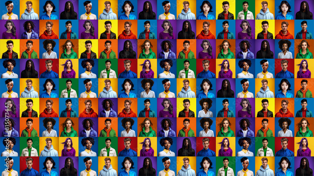 collage of happy people, young guys and girls of different races on a ...