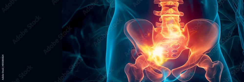 A digital visualization of a human pelvis with an area highlighted to ...