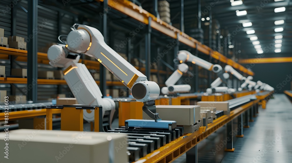 The picture shows a production line with robotic arms. The robots are ...