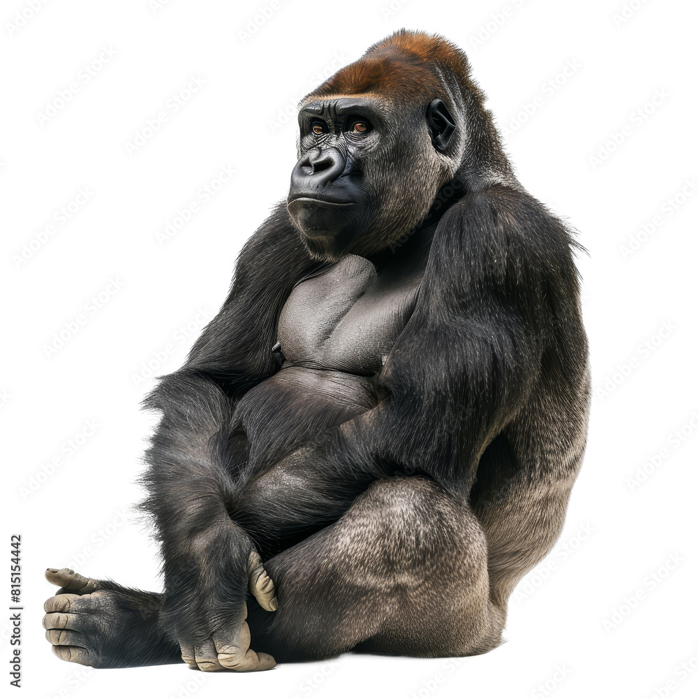 Western lowland gorilla seated in front of white backdrop, a western ...