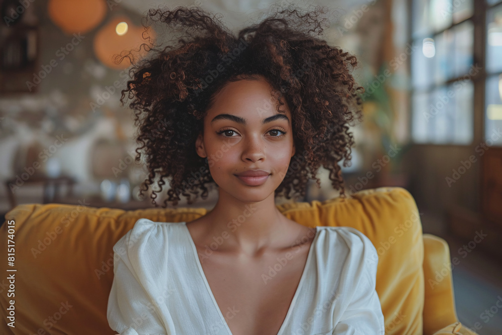 An elegant model seated in a minimalist, upscale interior, dressed in a ...