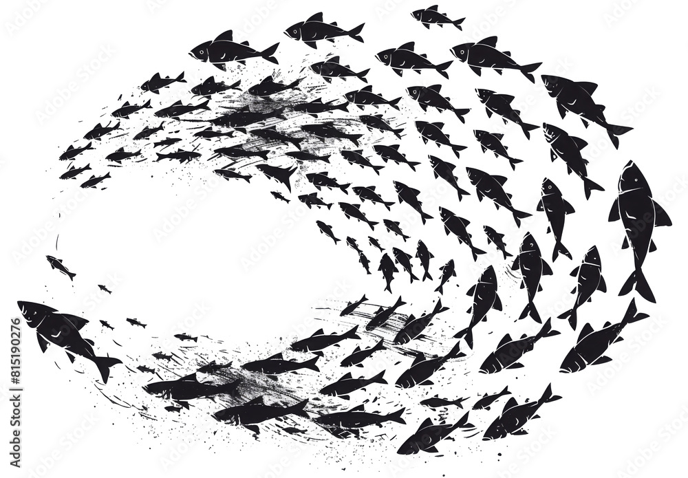 School fish silhouette. Group sea shoal small fishes swim in circle ...