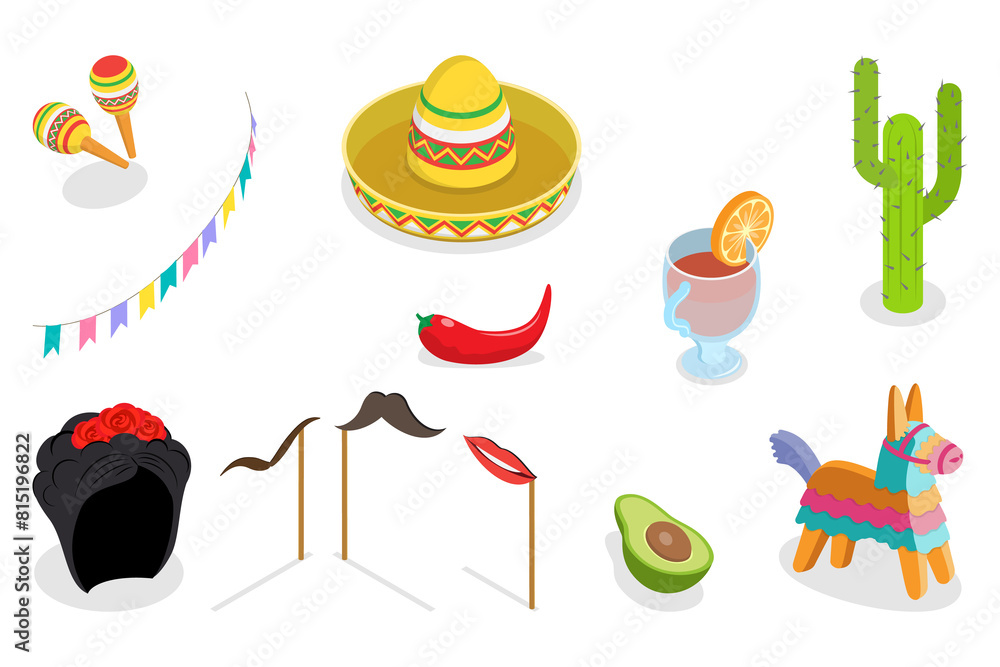 3D Isometric Flat Illustration of Mexican Fiesta Party Symbols, Frida ...