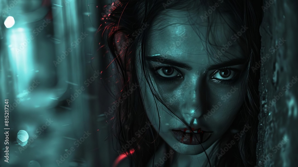 Design an eerie image of a woman vampire with fangs ready, lurking in ...