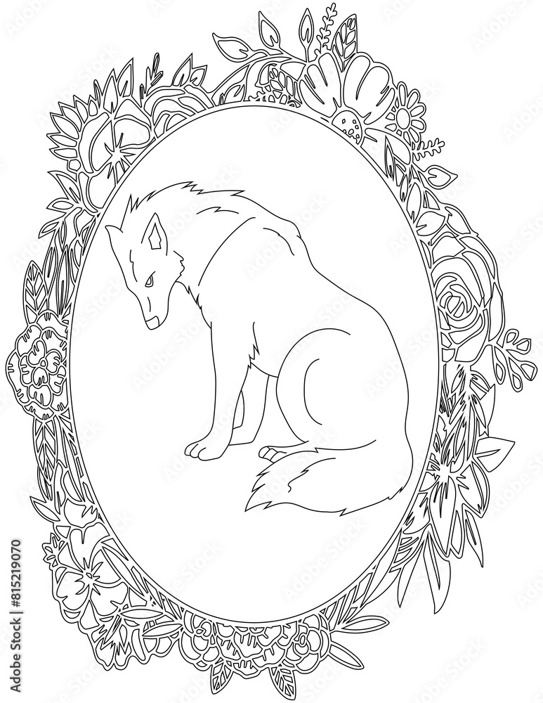 Wolf in A Floral Frame Coloring Page. Printable Coloring Worksheet for ...