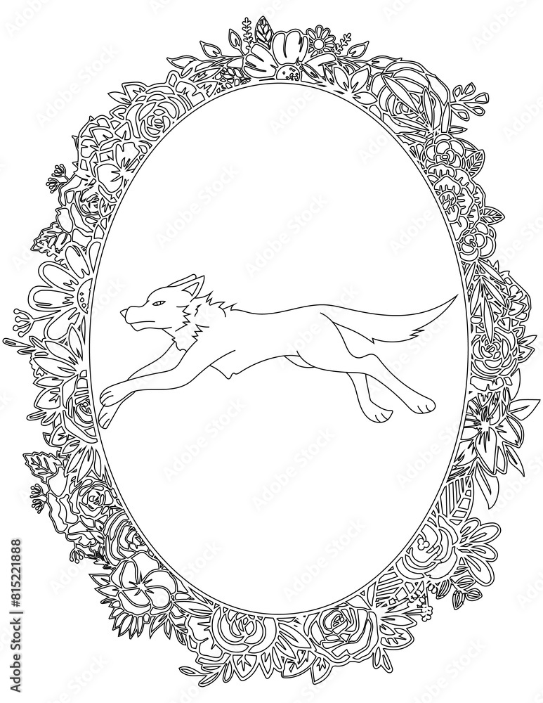 Wolf in A Floral Frame Coloring Page. Printable Coloring Worksheet for ...
