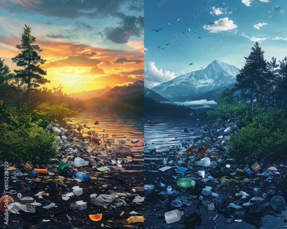 Split scene showing a vibrant natural landscape on one side and the ...