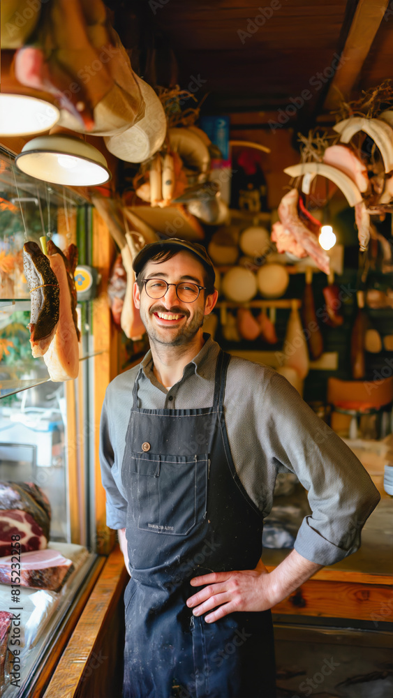 A young French artisan butcher who is proudly poses in front of his ...