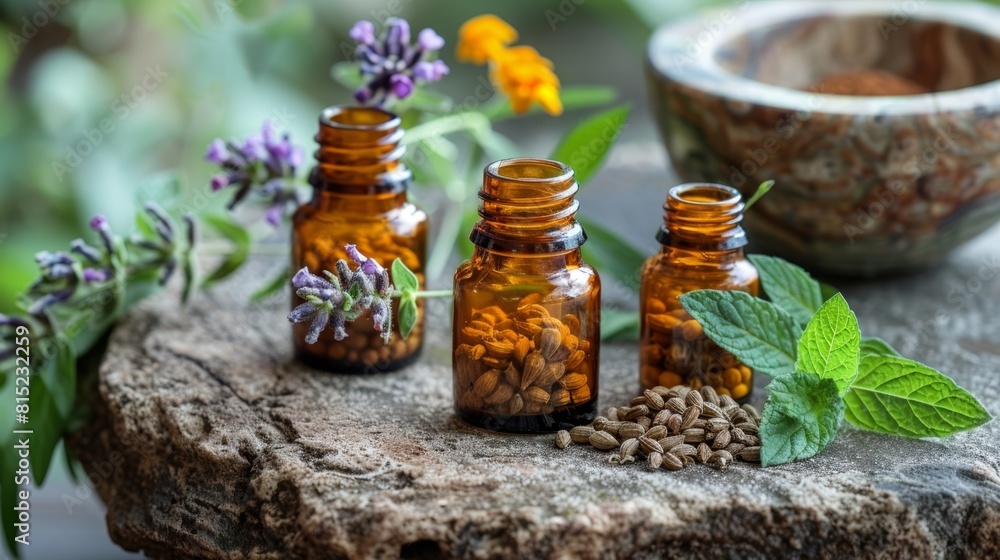 image of ayurvedic medicine bottles with herbs and tools symbolizing ...