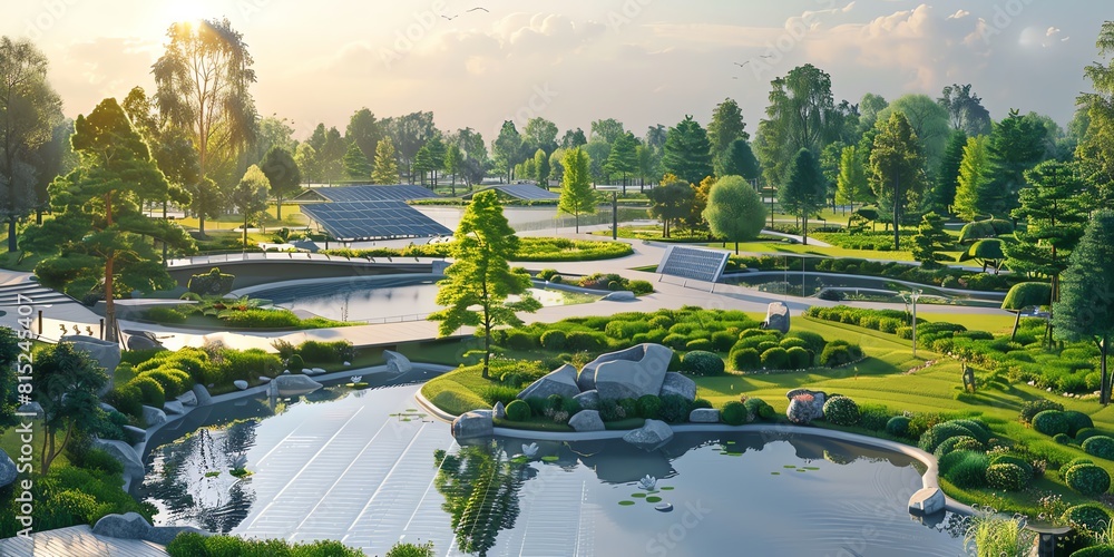 environment, flat design, solar cells integrated into a city park ...