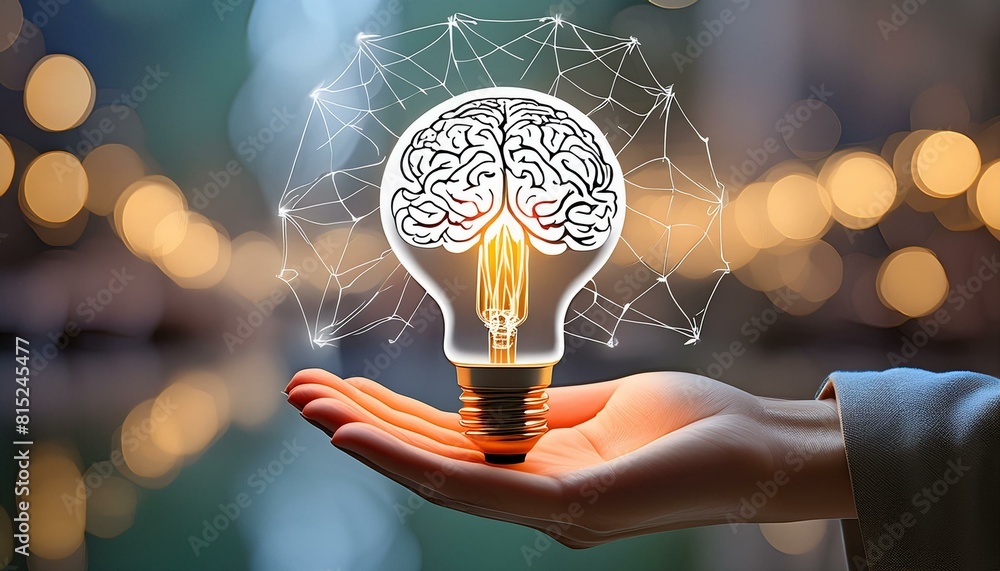 Hand holding drawing virtual light bulb with brain on bokeh background ...