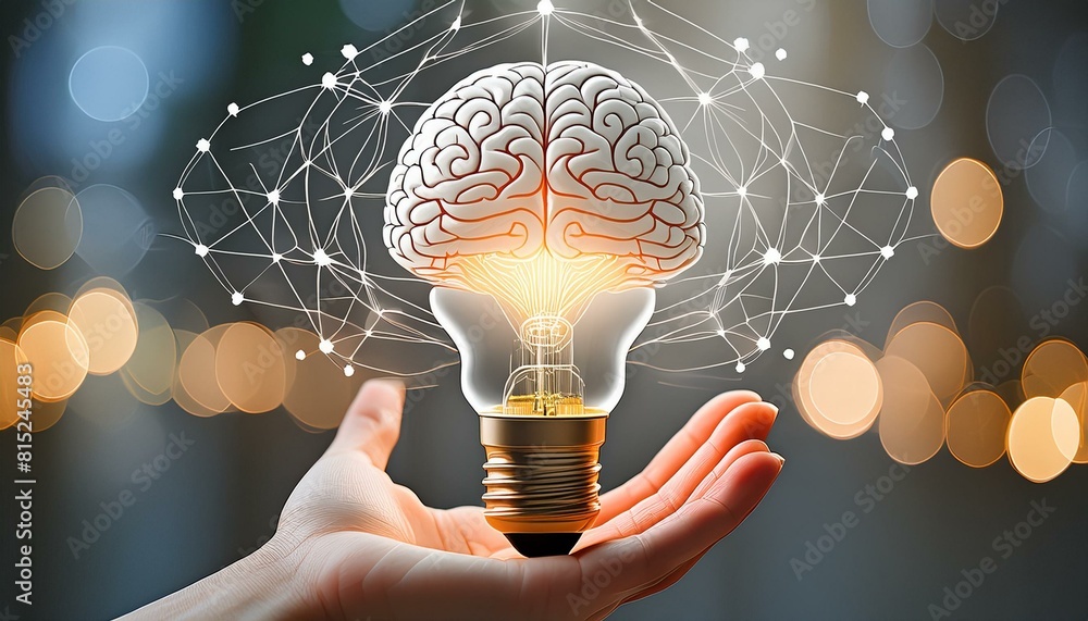 Hand holding drawing virtual light bulb with brain on bokeh background ...