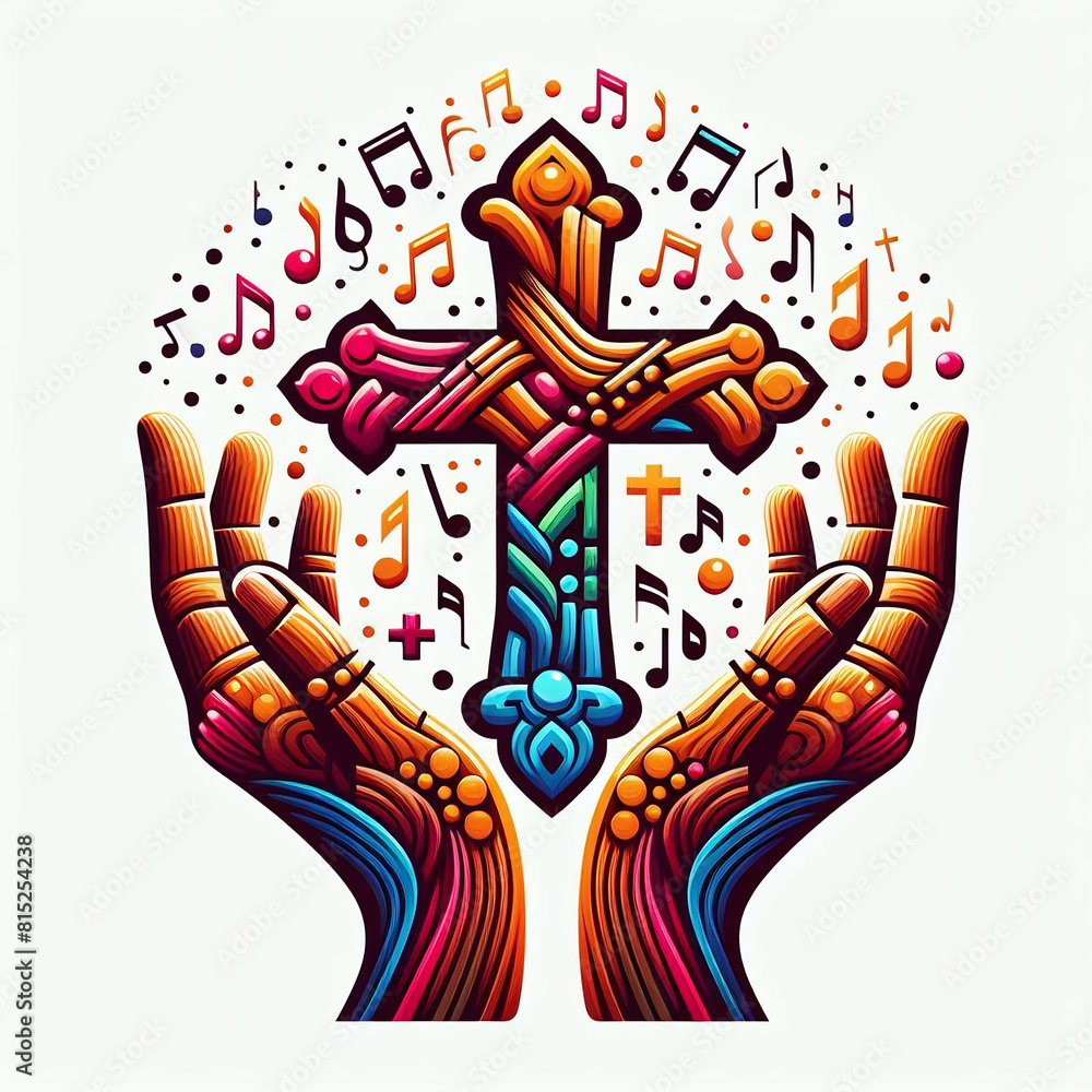 colorful vector illustration of believer's hands holding a christian ...