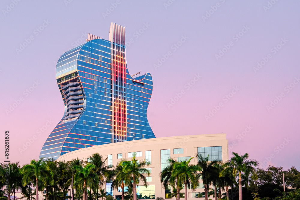 Guitar shaped architecture facade of the Hard Rock Hotel (Oasis Tower ...