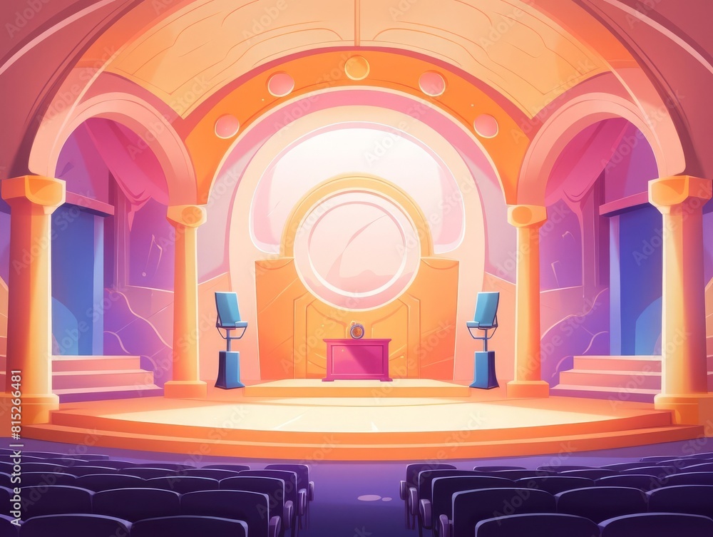 Tiny public speaking stages flat design front view micro events theme ...