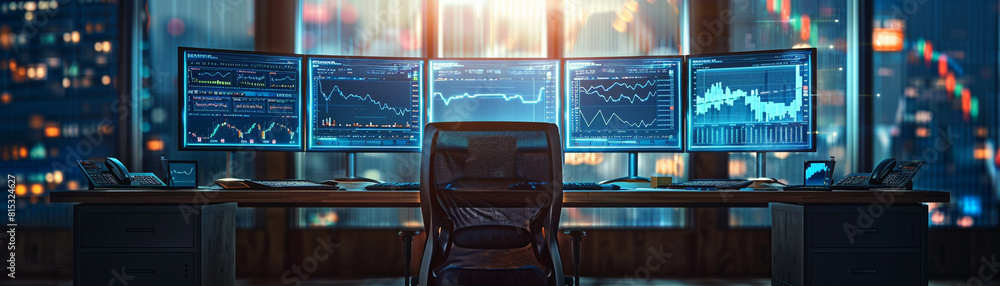 Stock traders desk side view with multiple monitors displaying graphs ...
