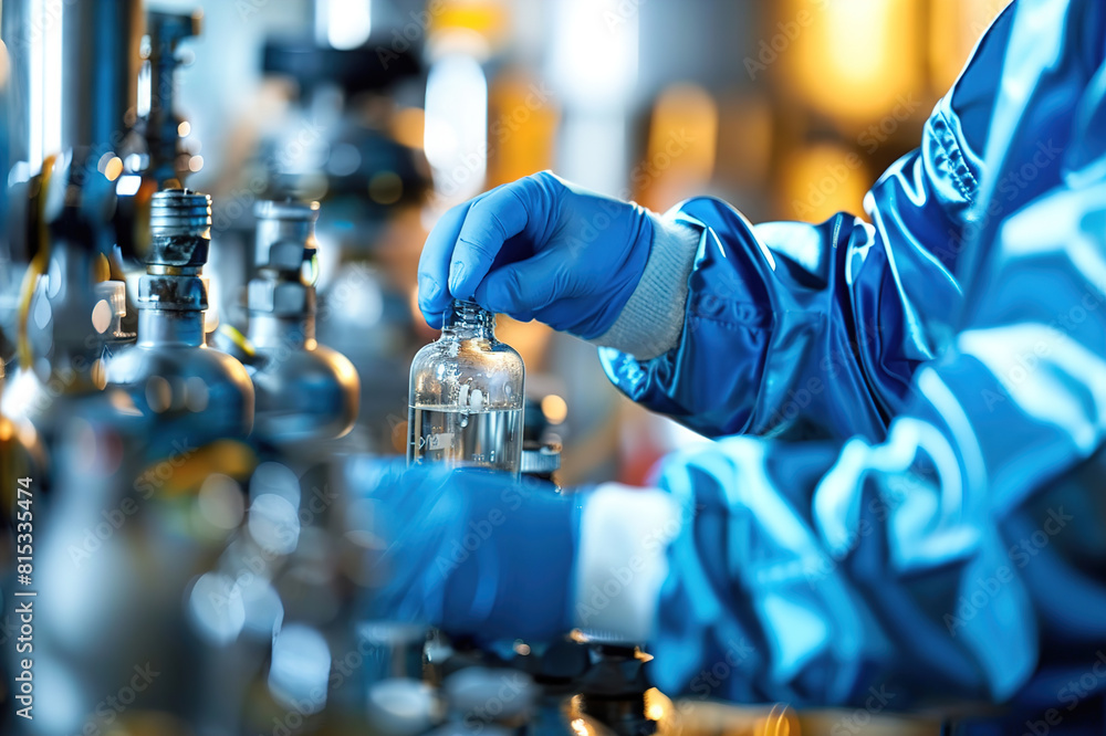 Worker handling chemical solutions in industrial setting, adhering to ...