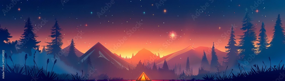 Camping under the stars flat design side view stargazing activity theme ...