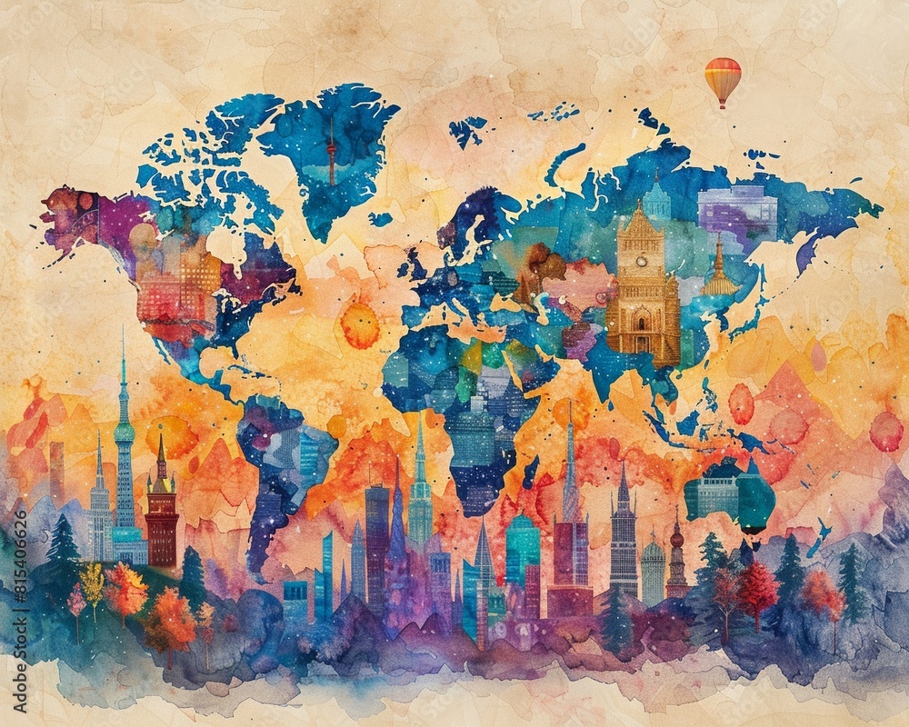 A watercolor map of the world with a twist, featuring colorful ...