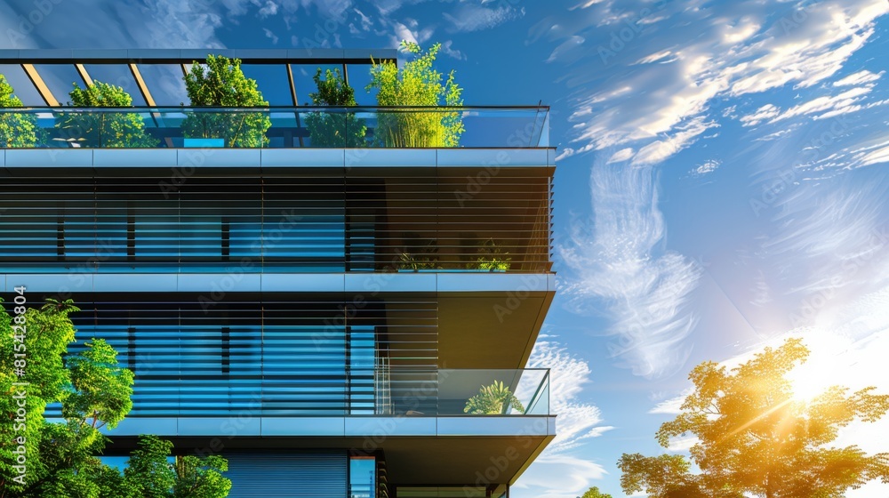 A multi-story office building with horizontal louvres and solar shades ...