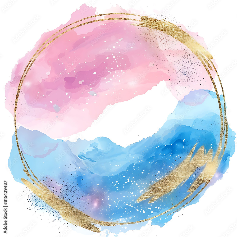 Pastel blue and pink watercolor brush stroke splash with luxury golden ...
