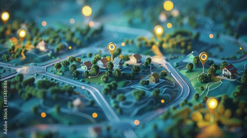Community Mapping: A 3D vector illustration of a map with pins ...