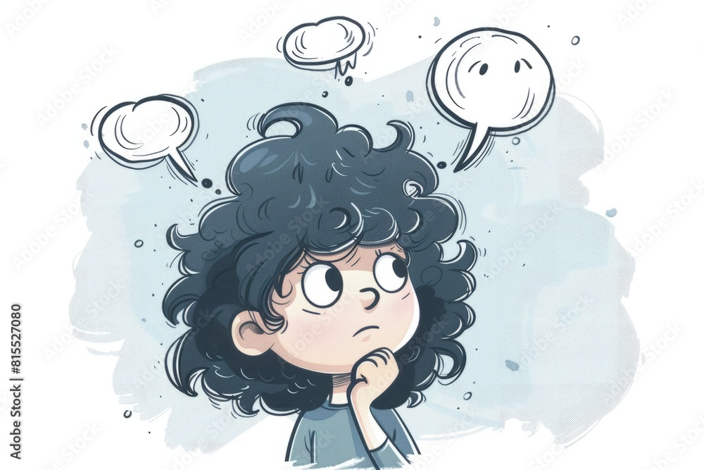 Cartoon cute doodles of a character with a concentrated gaze, lost in ...