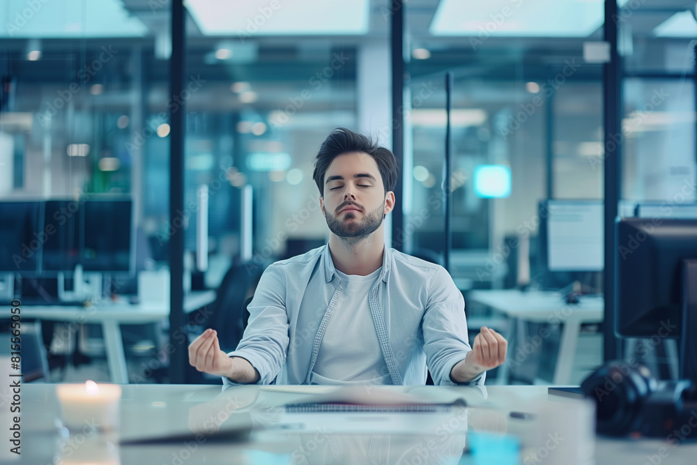 male IT developer is shown practicing meditation at his desk in the ...