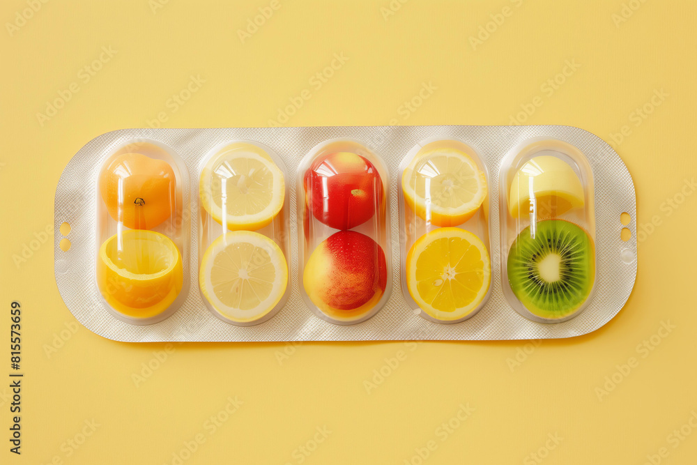 pill tab, which contains small fruits inside it, seach as kiwi, orange ...