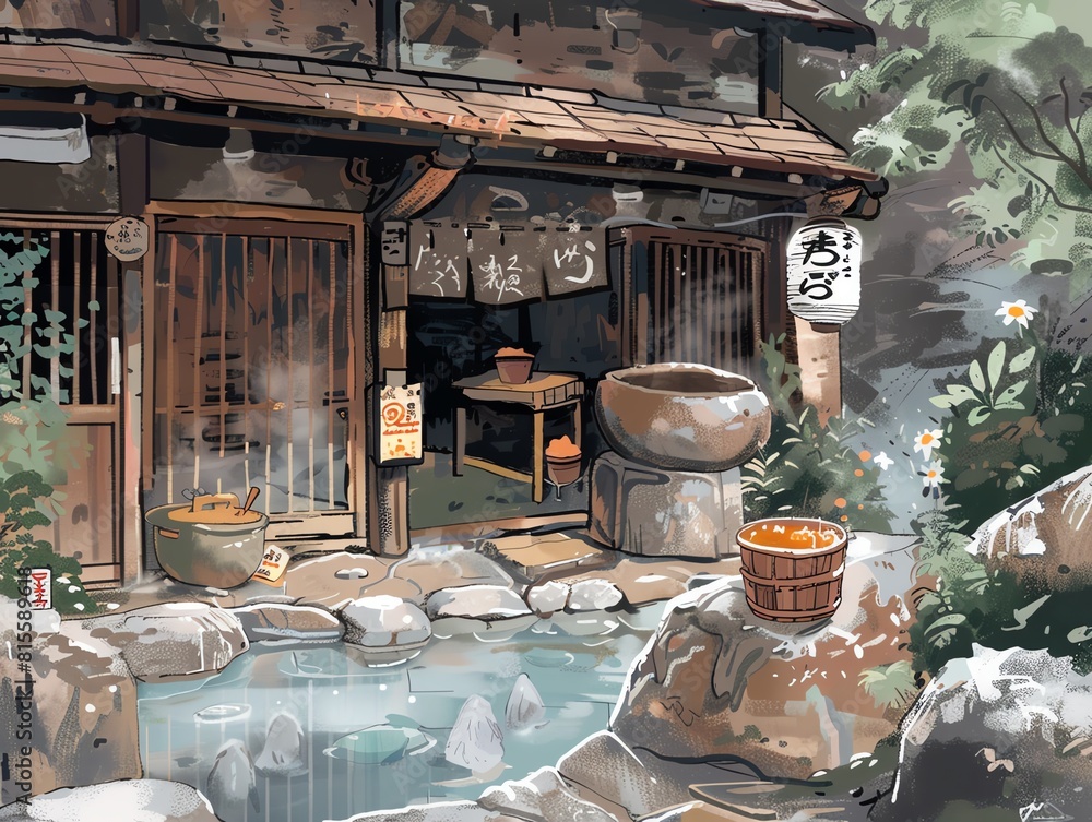 A traditional scene at a Japanese onsen town with local specialty foods ...