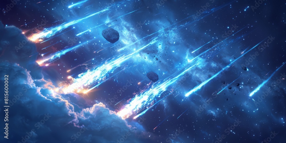 Realistic comets and asteroids, shooting space stars with trails in sky. bolides with blue ...