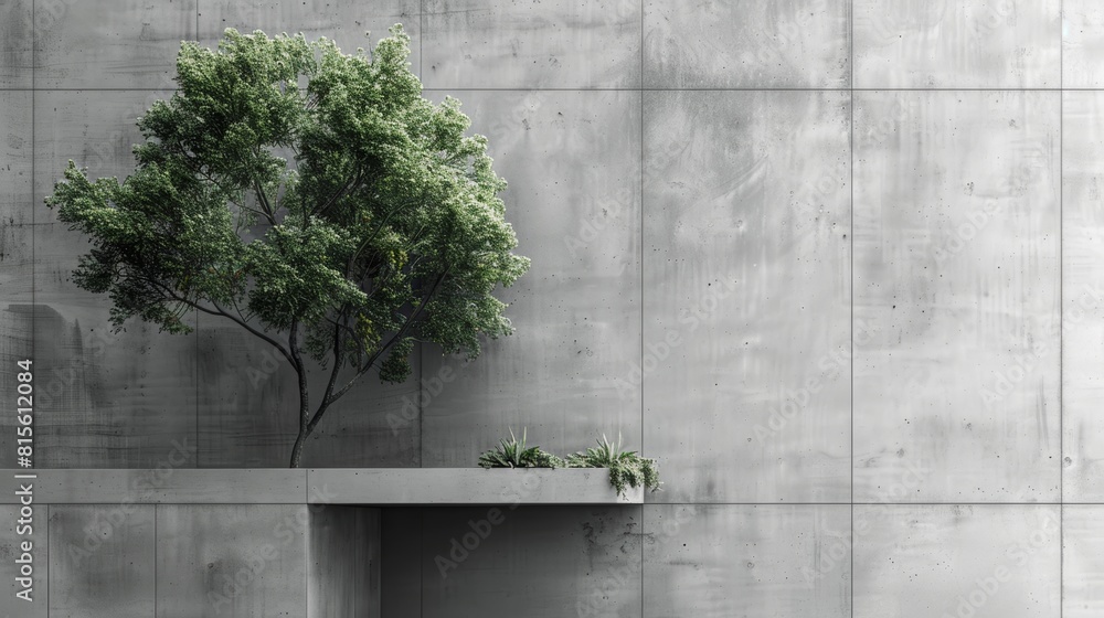 The image shows a concrete wall with a tree growing out of it. The tree ...