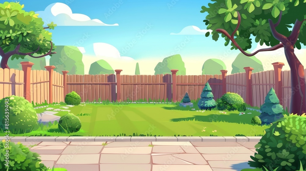 Summer landscape with fence and stone paved ground. Empty countryside ...