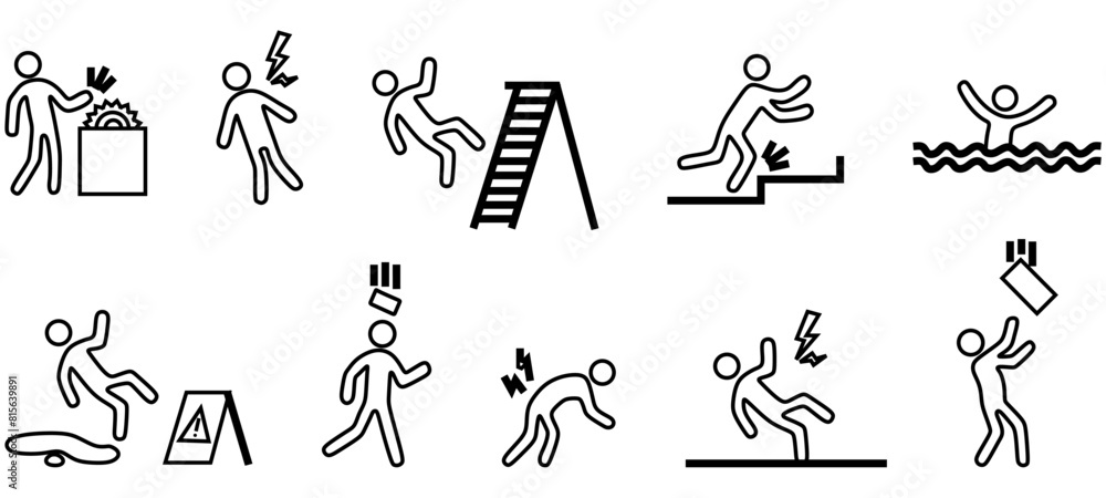 Accident pictogram man Line Art icon. Work safety, injury caution ...