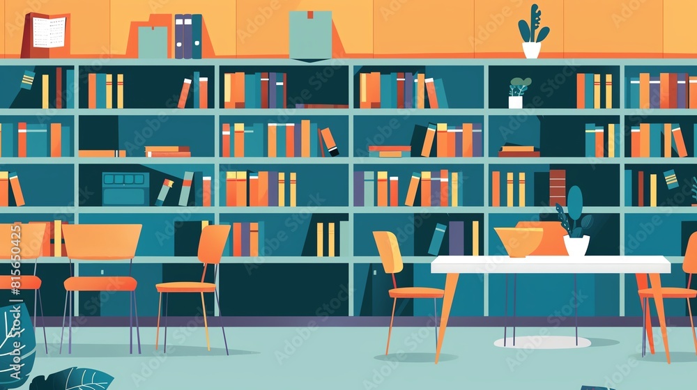 School library flat design side view, knowledge theme, animation ...