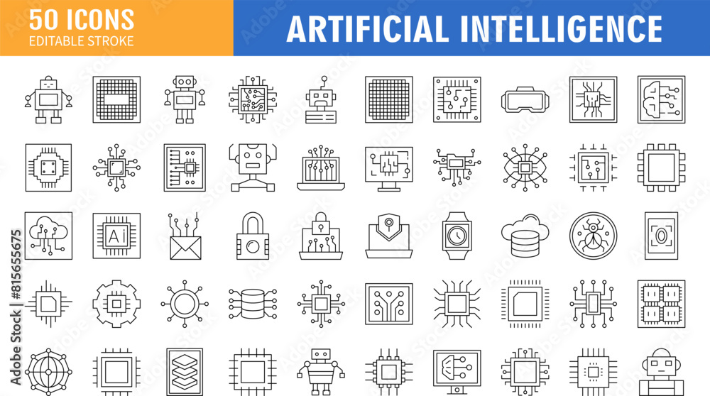 artificial intelligence icon set in line style, machine learning, smart robotic and cloud ...