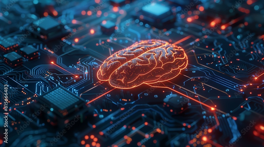 Ai-powered cyber attack cyber security, glowing orange brain on circuit ...