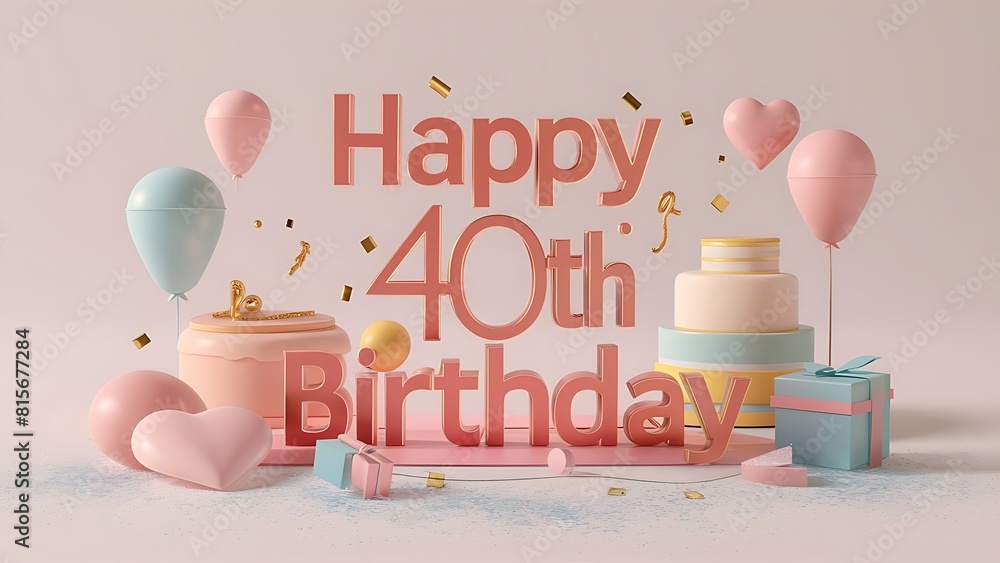 Minimalist 3D Happy 40th Birthday Background With Balloons , Hearts ...