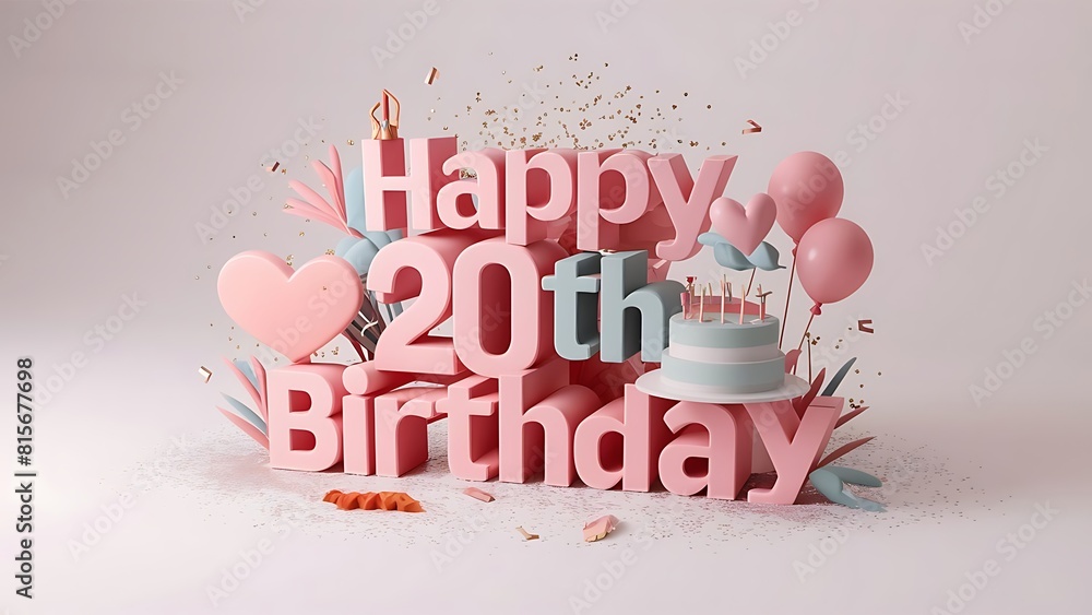 Minimalist 3D Happy 20th Birthday Background With Balloons , Hearts ...