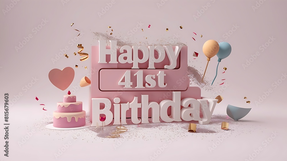 Minimalist 3D Happy 41st Birthday Background With Balloons , Hearts ...