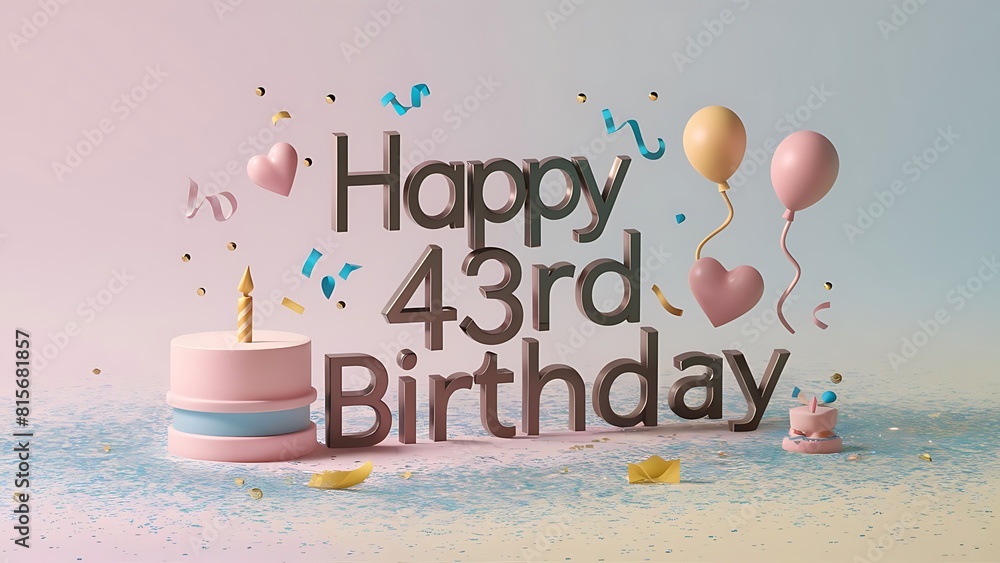 Minimalist 3D Happy 43rd Birthday Background With Balloons , Hearts, Confetti And Candles, Happy ...